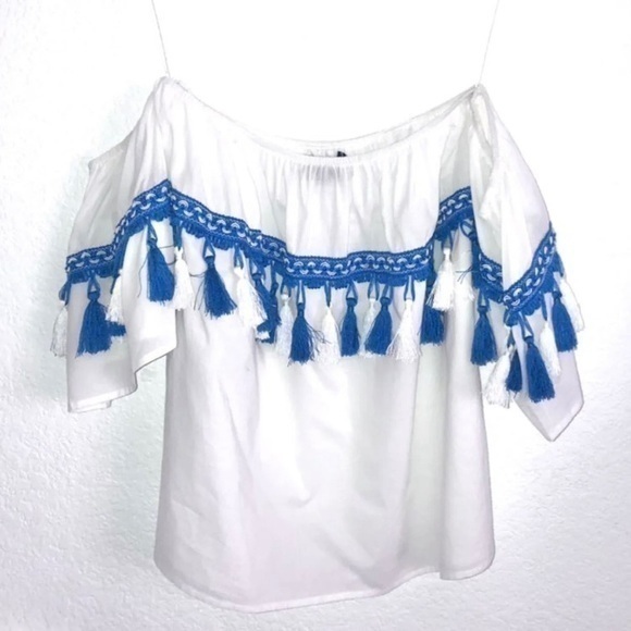 Blue Rain | Tops | New Blue Rain Off Shoulder White Top With Blue ...